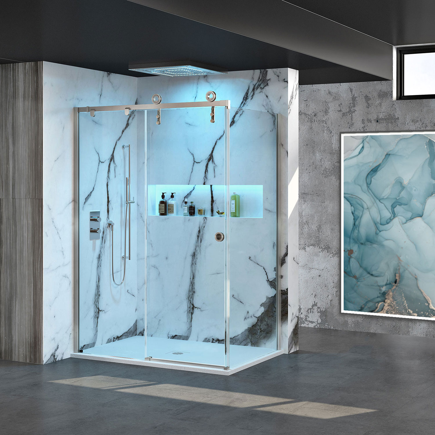 Shower door 60" x 36", in a corner closing on return, wall on the left, door on the right, in ...